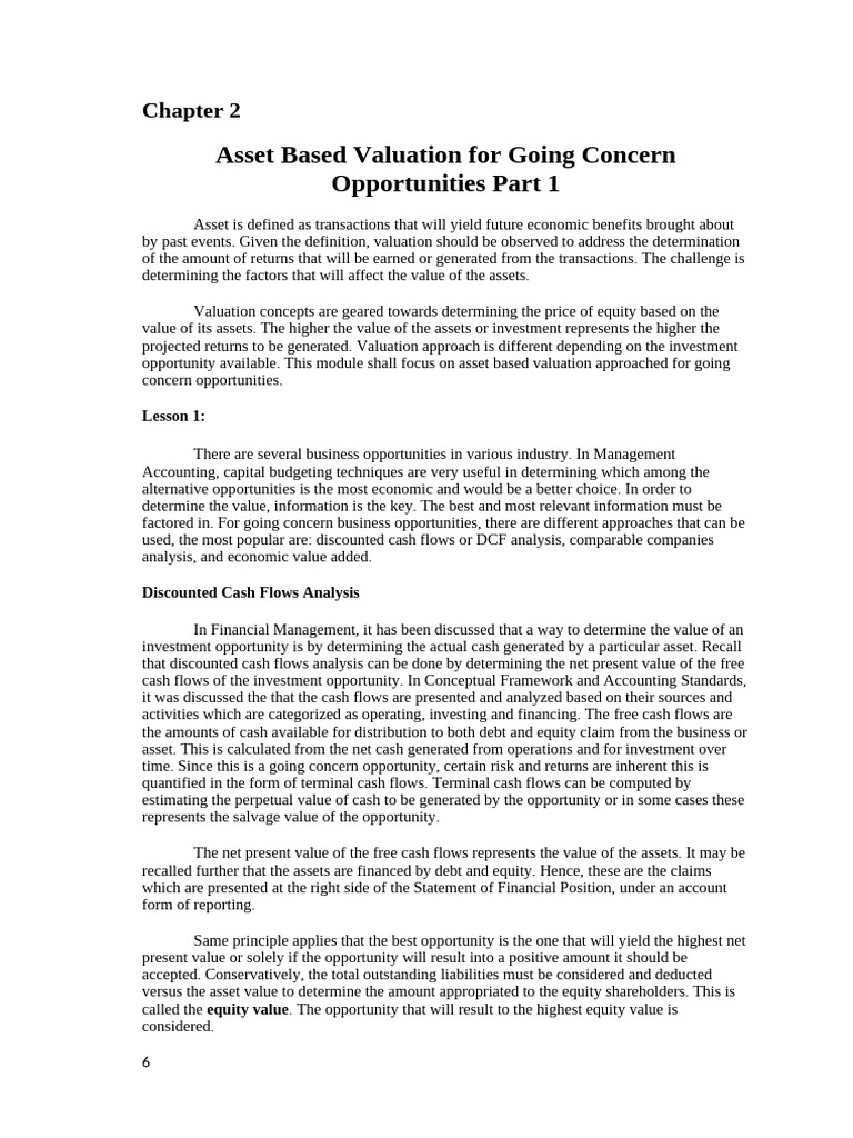 Chapter 2 Asset Based Valuation For Going Concern Opportunities Part 1 ... Chapter 2 Asset Based Valuation For Going Concern Opportunities Part 1 ...
