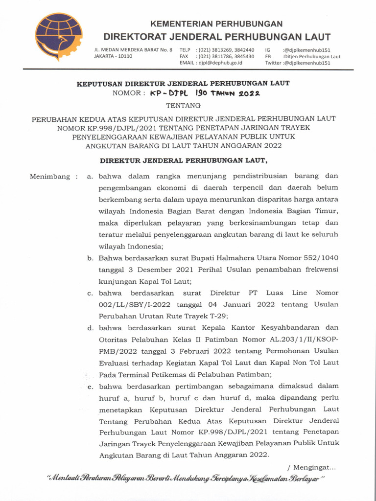 KP-DJPL 190 Tahun 2022 - SK Trayek Tol Laut Perubahan Kedua | PDF