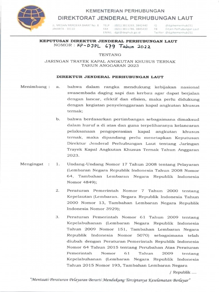 KP-DJPL 679 Tahun 2022 - SK Jaringan Trayek Angkutan Khusus Ternak TA ...