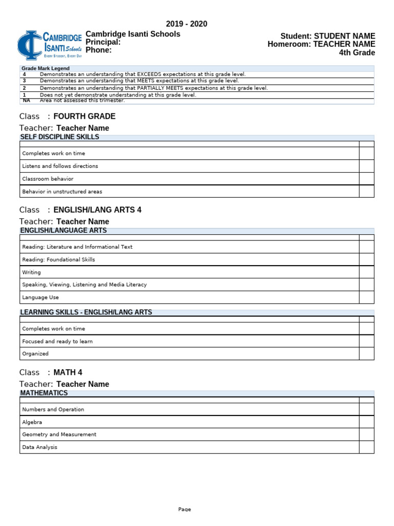 4th Grade Report Card | PDF