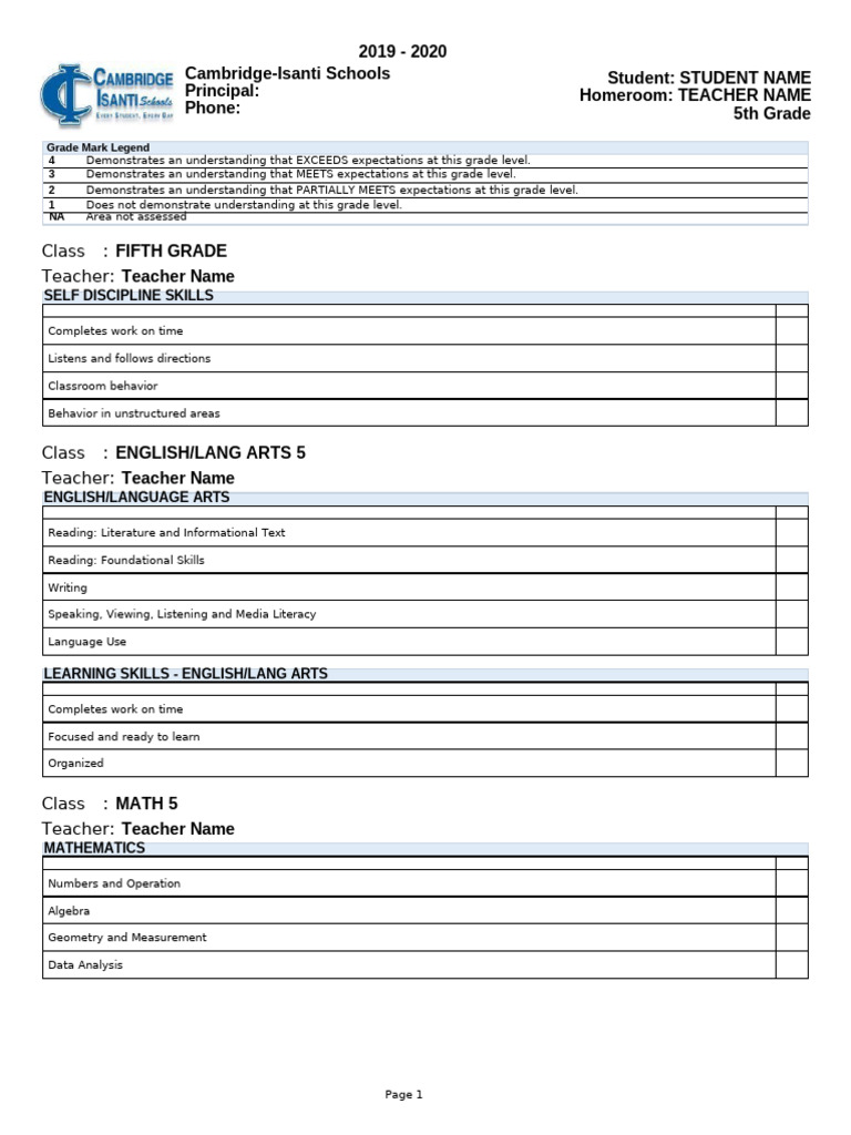 5th Grade Progress Report 2019-2020 | PDF | Language Arts & Discipline ...
