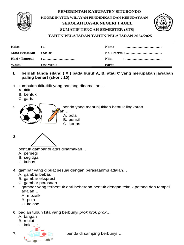 Soal STS SBdP Kelas 1 | PDF