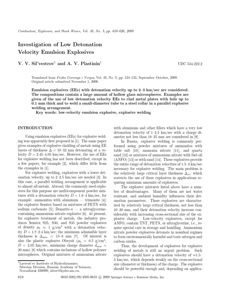 Investigation of Low Detonation Velocity Emulsion Explosives | PDF