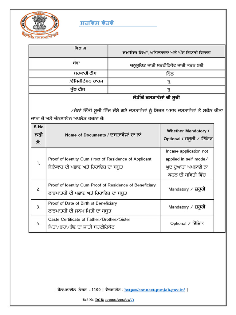Schedule Caste Certificate Form | PDF