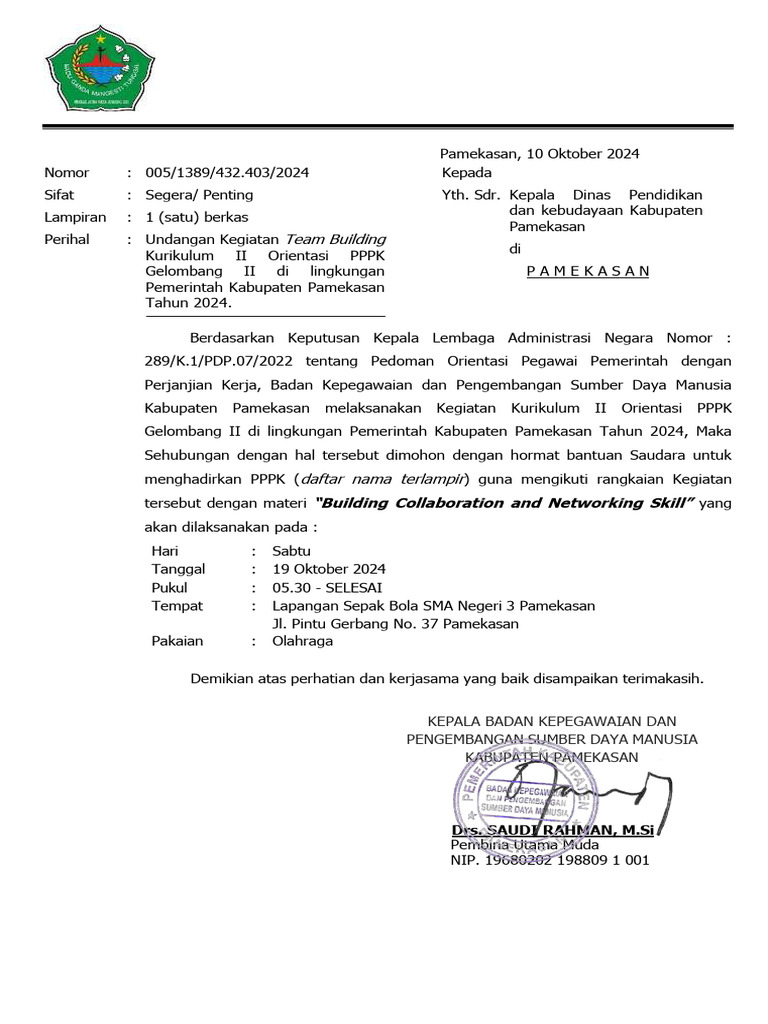 Undangan TEAM BUILDING Yuni (Sabtu) | PDF