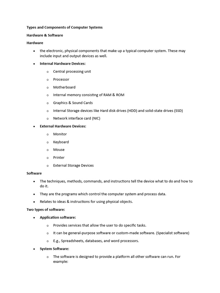 Types and Components of Computer Systems Hardware & Software Hardware | PDF