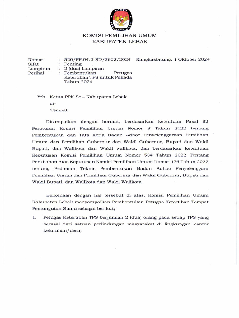 520 Pembentukan Petugas Ketertiban TPS Untuk Ilkada Tahun 2024 | PDF