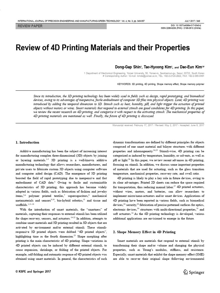 Review of 4D Printing Materials and Their Properties | PDF