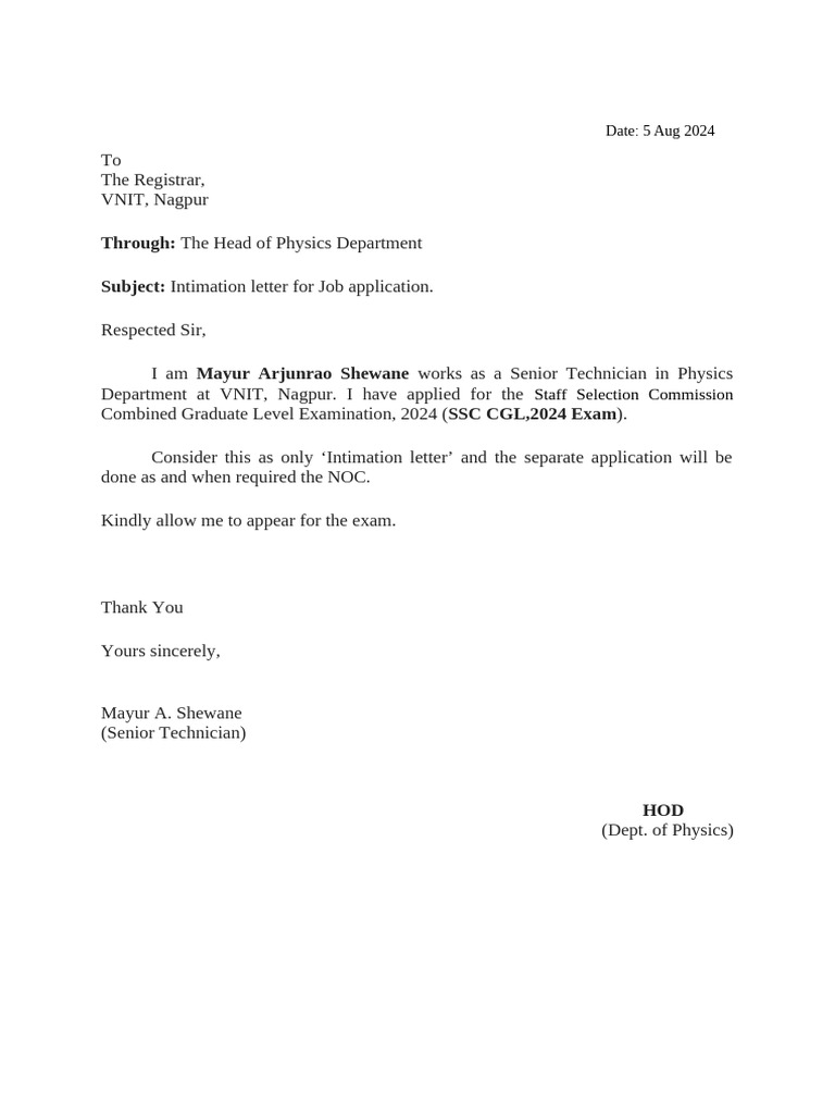 Application of Intimation Hiren ASO&SO | PDF