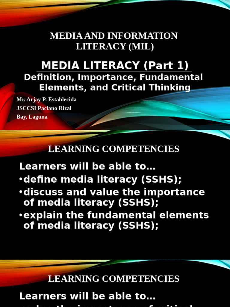 4.MIL Media Literacy Part 1 Definition Importance Fundamental Elements and Critical Thinking | PDF