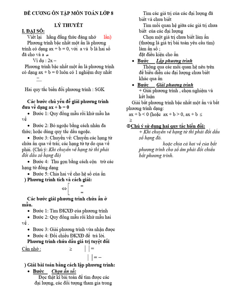 De Cuong On Tap Mon Toan 8 Lên 9 | PDF