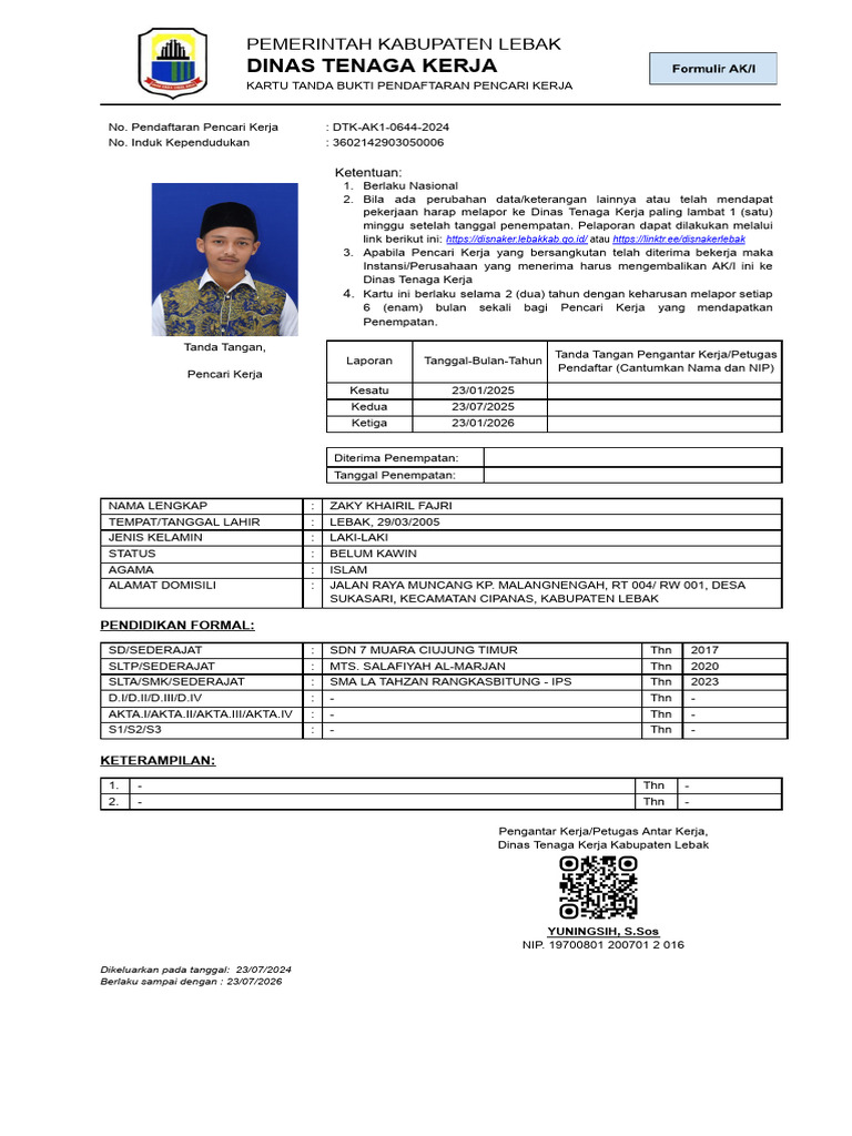 DTK-AK1-0644-2024 Kartu Pencari Kerja (AK-1) ZAKY KHAIRIL FAJRI | PDF