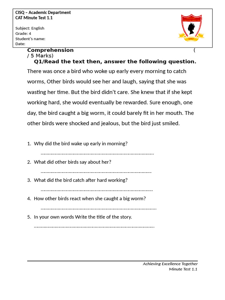 1.1 Minute Test G4 English | PDF