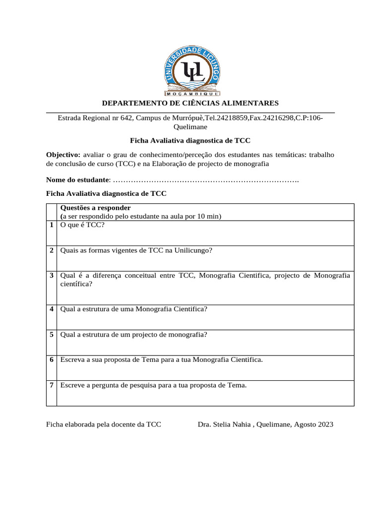 Ficha Diagnostica Na TCC Regular 2022 | PDF