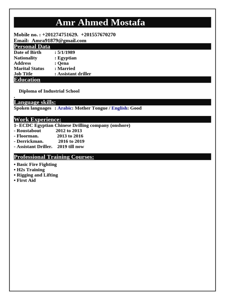 Amr Ahmed Assistant Driller | PDF