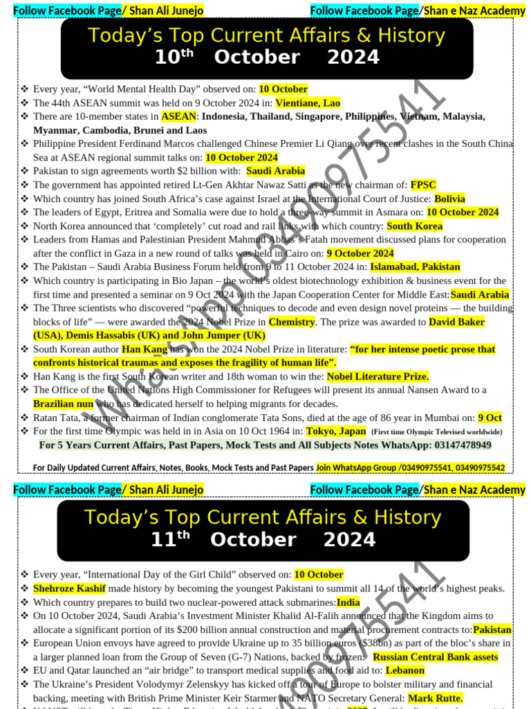 Today's Top Current Affairs & History: 10 October 2024 | PDF