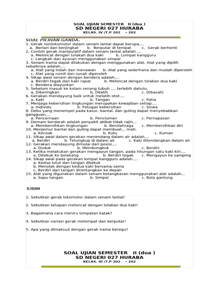 Soal Ujian Semester II SD 027 | PDF