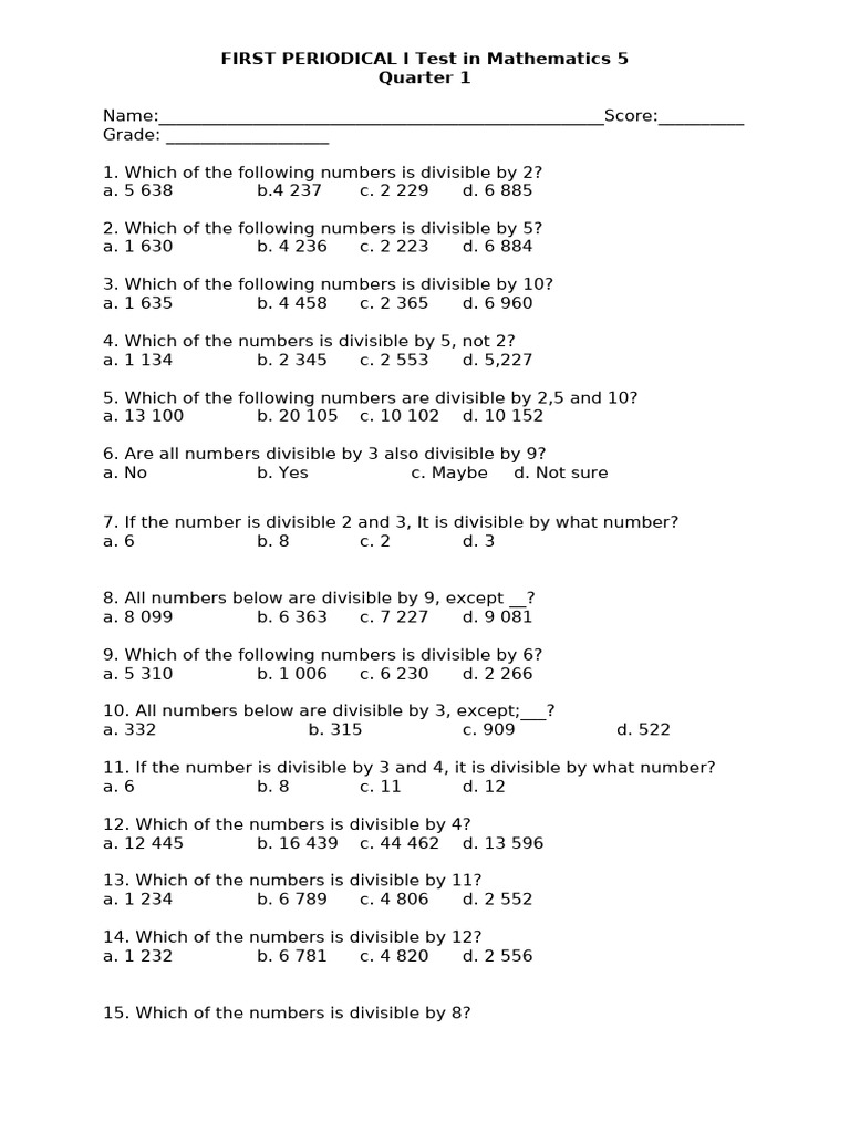 1st Periodical Test in Mathematics 5 EDITED 2024 | PDF