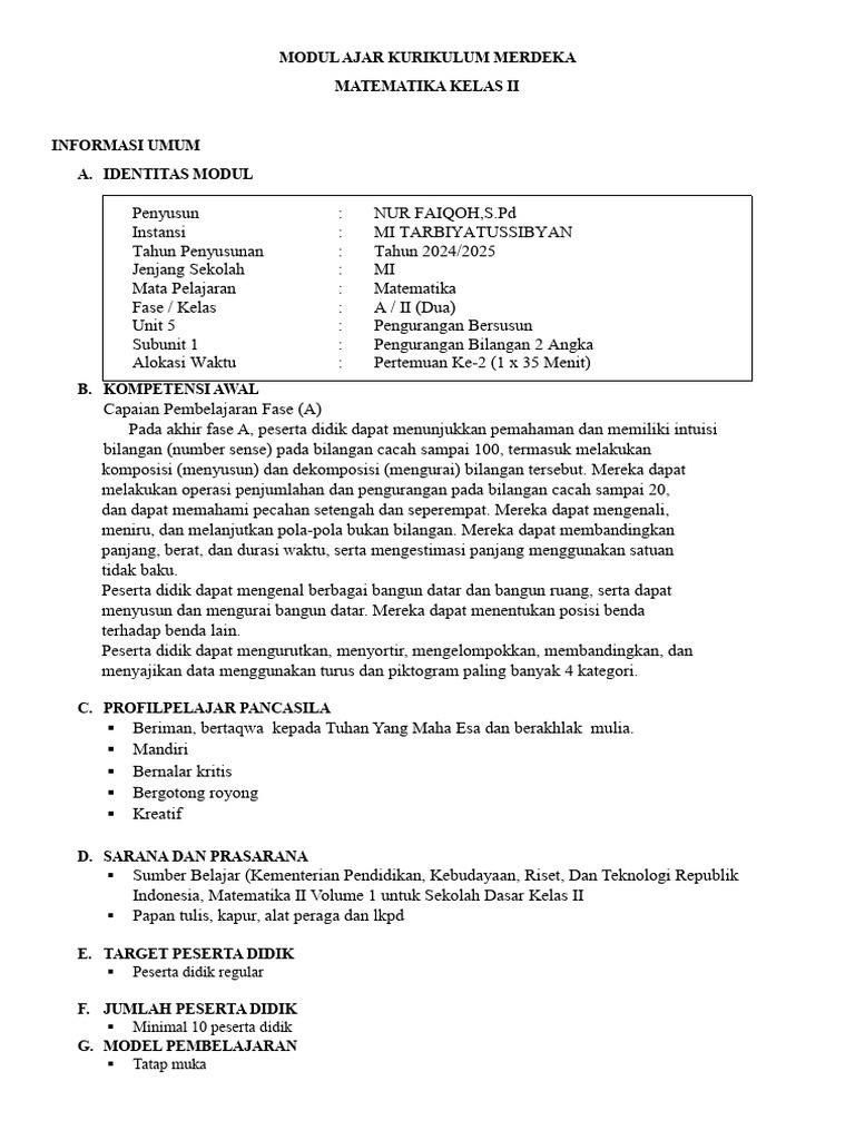 Modul Pengurangan Bilangan 2 Angka | PDF