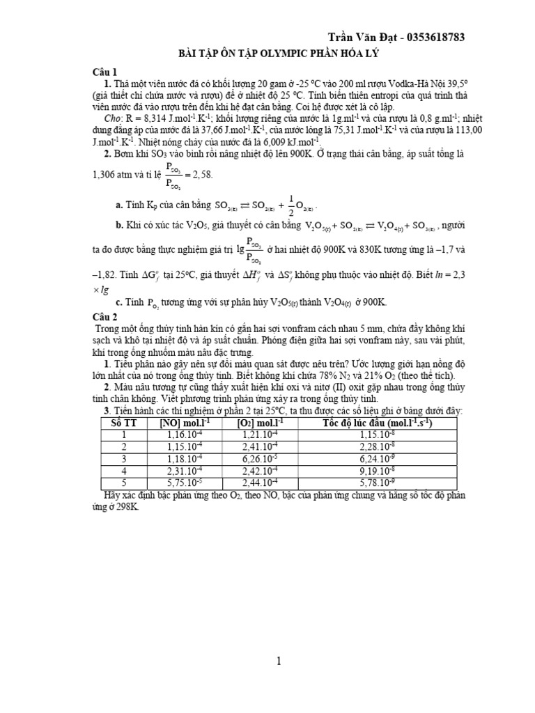 Hóa Lý - Ôn tập olp sv | PDF