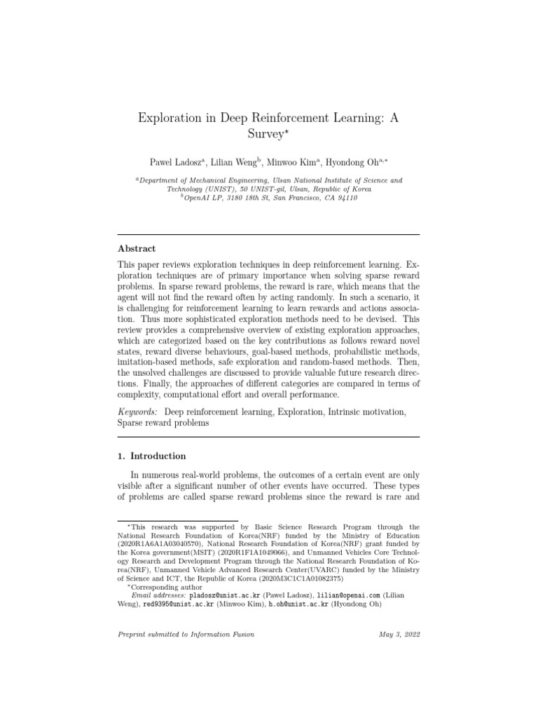 Exploration in Deep Reinforcement Learning: A Survey: Keywords | PDF