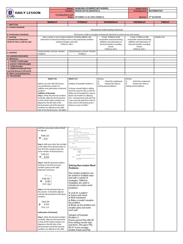 DLL - Mathematics 5 - Q2 - W3 | PDF