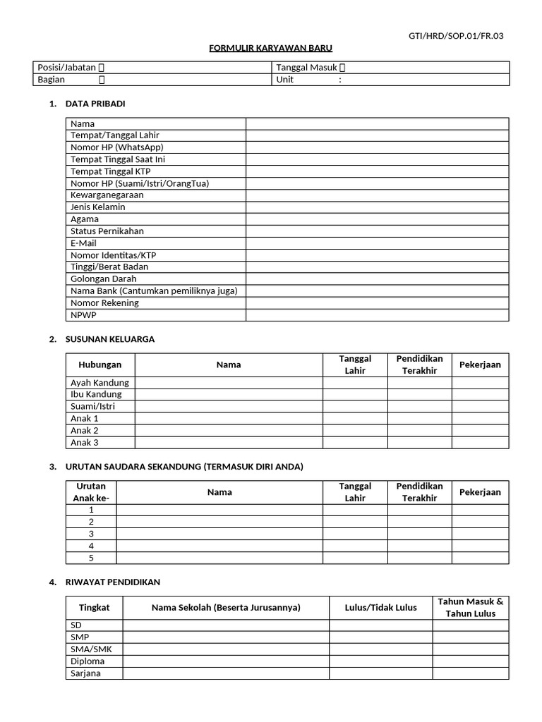 Form Isian Karyawan Baru | PDF