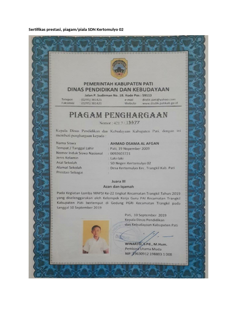 53. SERTIFIKAT PRESTASI, PIAGAM PIALA | PDF