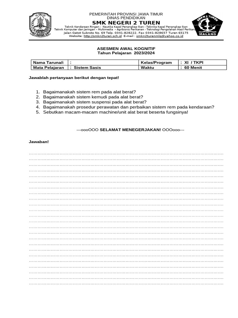 Contoh_Naskah Soal XI TKPI_Asesmen Awal Kognitif_Sistem Sasis_2023 | PDF