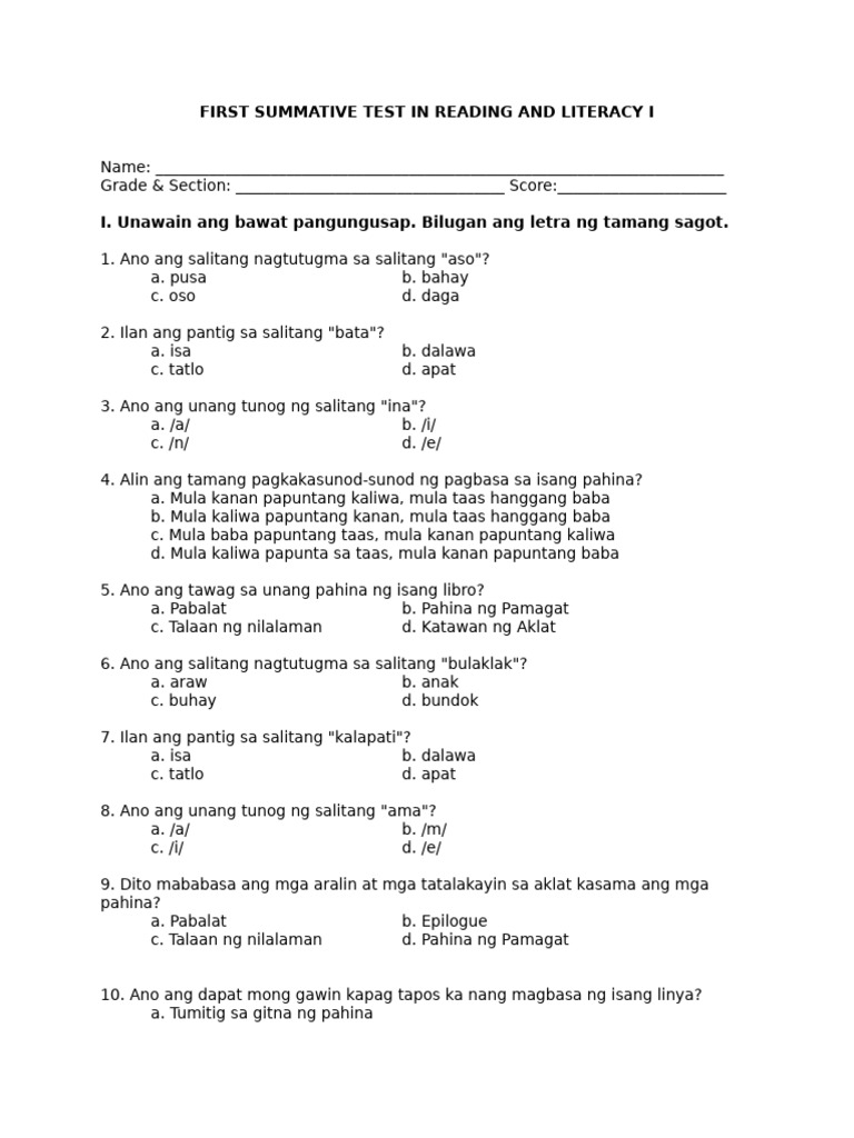 Q1 1st S - Test READING AND LITERACY 1 | PDF