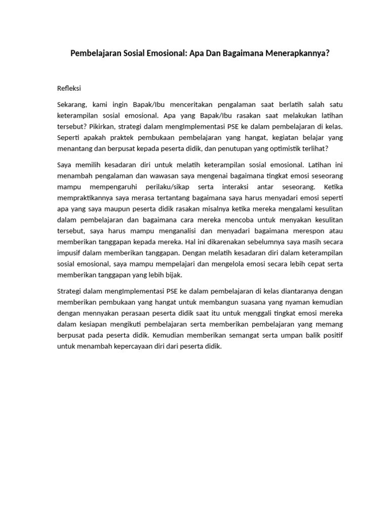 refleksi Pembelajaran Sosial Emosional | PDF