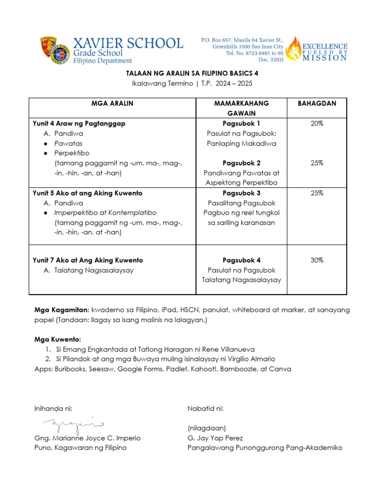 Sy2024 - 2025 Filipino Basics g4 - Term 2 - Course Outline | PDF