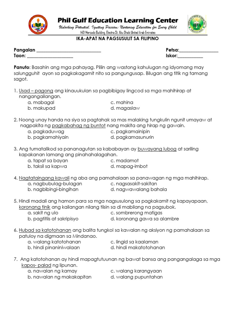 Pagsusulit Sa Filipino | PDF