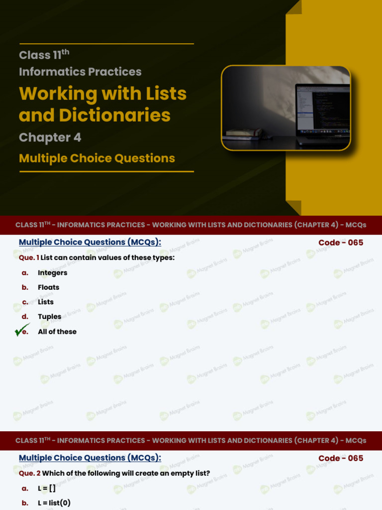 11th - Chapter 4 - Working With List & Dictionaries - Information Practice | PDF