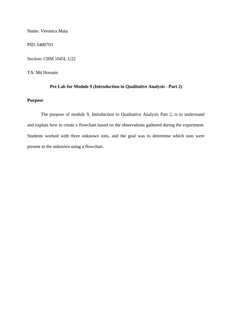 Pre Lab For Module 9 Introduction To Qualitative Analysis Part 2