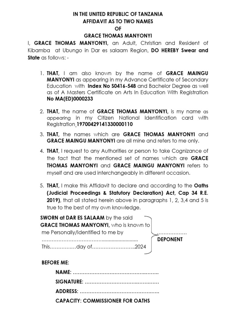 Affidavit of Two Names Grace | PDF
