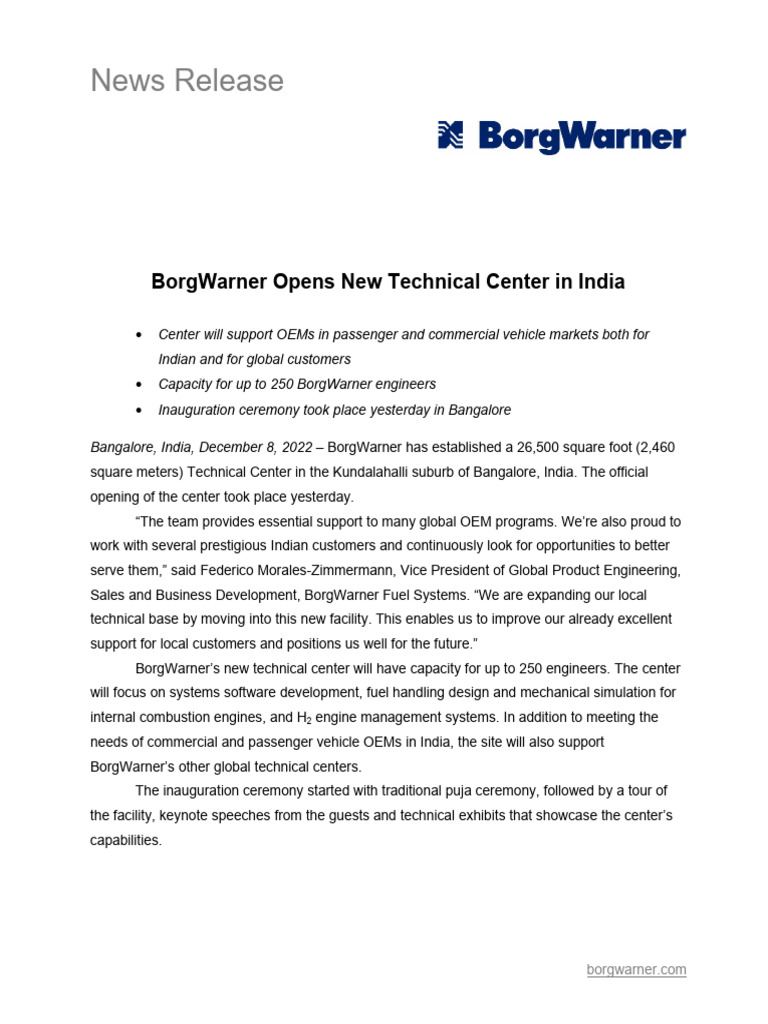 Borgwarner Opens New Technical Center in India | PDF | Mergers And ...