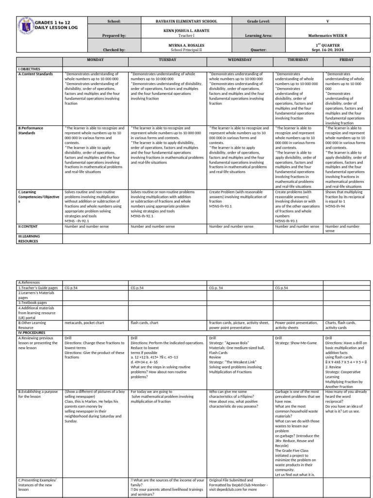 DLL - Mathematics 5 - Q1 - W8 | PDF