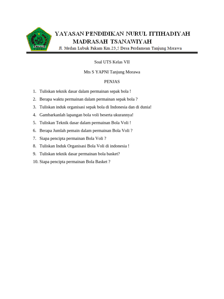 Soal UTS Kelas VII Penjas | PDF