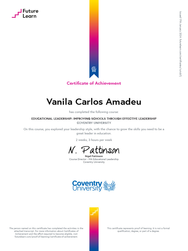 Educational Leadership Course Certificate | PDF | Leadership ...