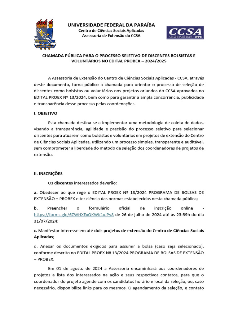 Chamada Pública Extensão Ccsa para Selecao Probex 2024 2025 | PDF