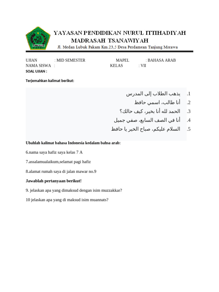 Soal Ujian Bahasa Arab | PDF