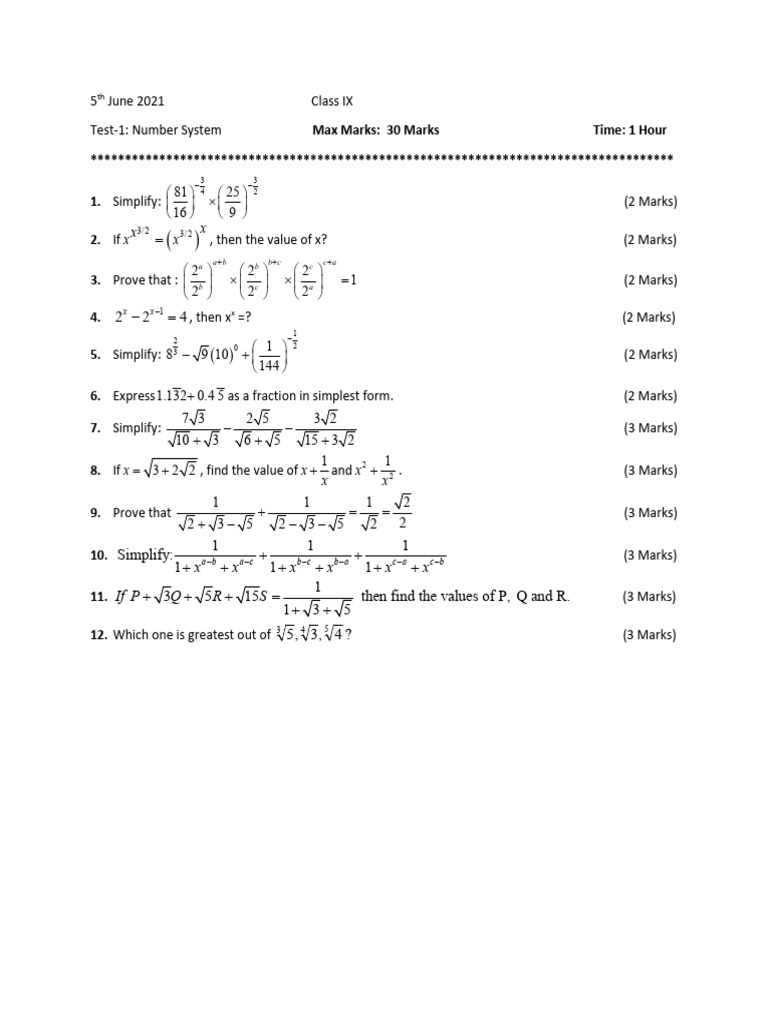 Clas IX Number System Test | PDF