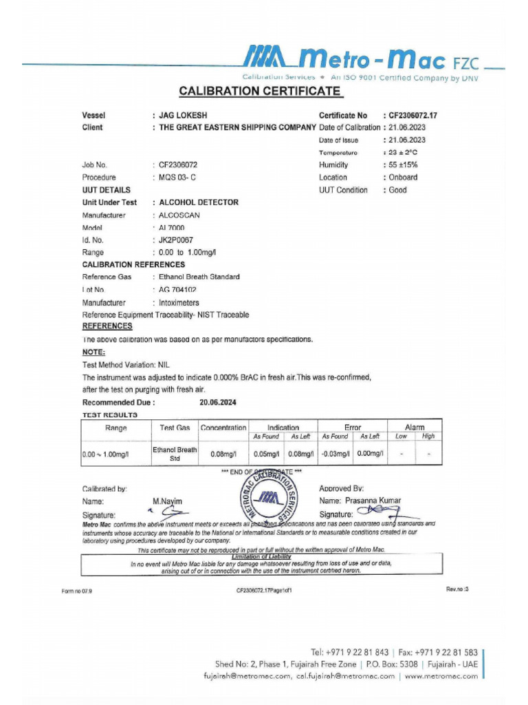 Alcohol Meter Calibration | PDF