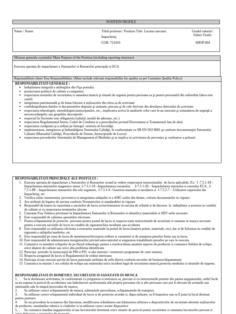 Fisa de Post Lacatus Mecanic - 3122 | PDF