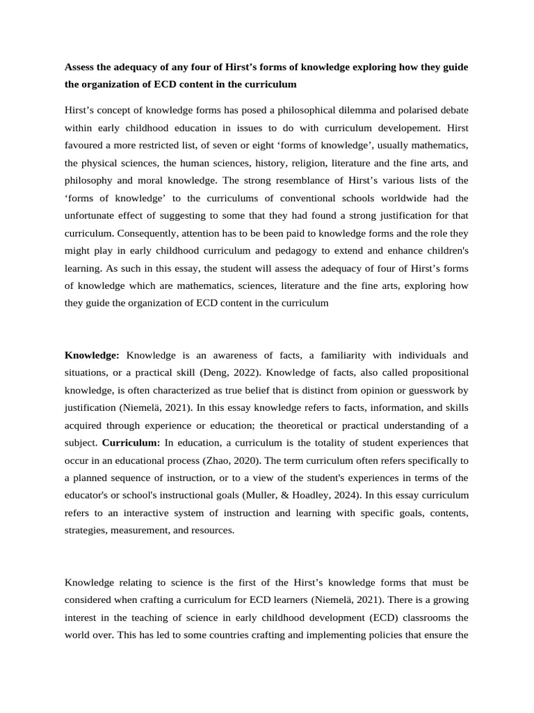 Assess The Adequacy of Any Four Hirsts Forms of Knowledge Exploring On ...