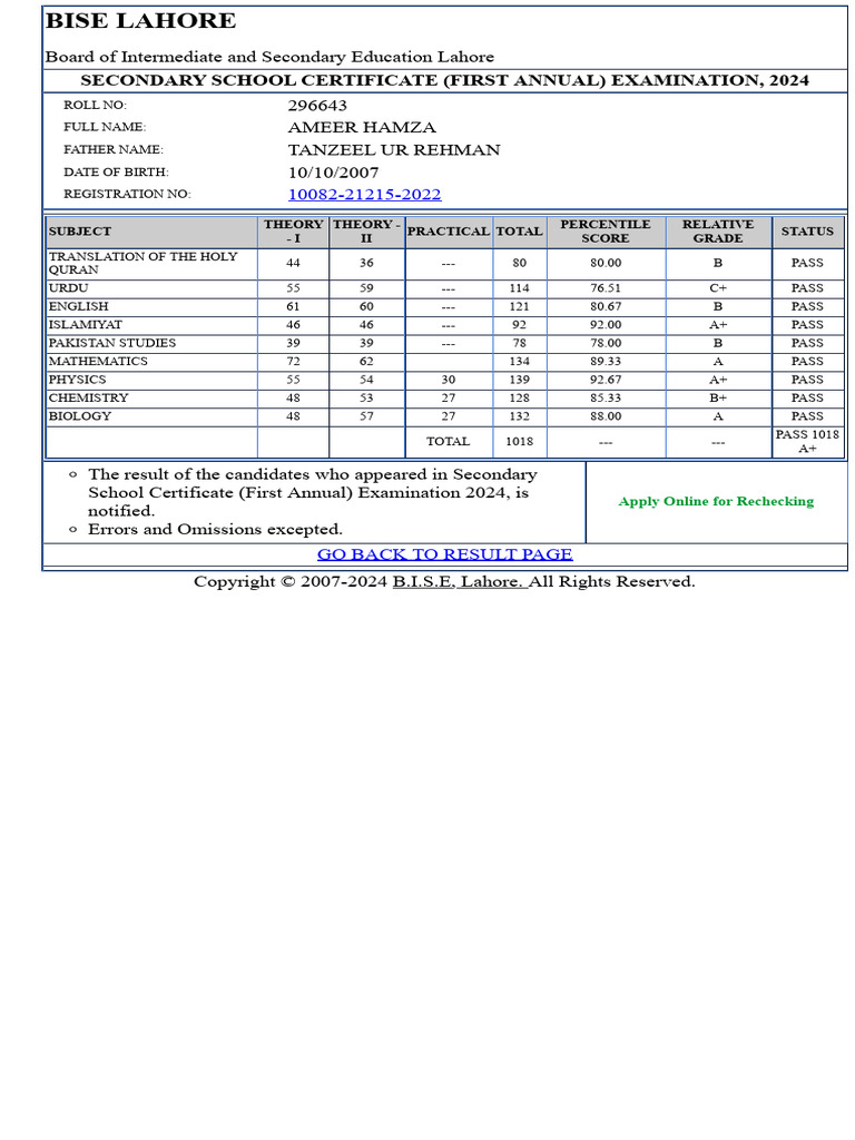 Bise Lahore Examination Result Status Sheet | PDF