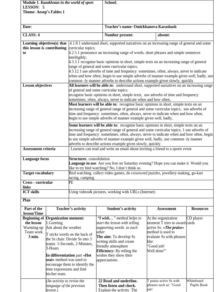 1 Term. Lesson 5. Aesops Fables | PDF | Adverb | Linguistics