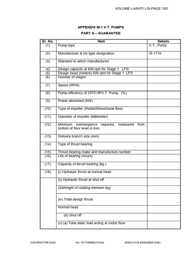 Appendix M-1 V.T. Pumps. Part A Guarantee Sr. No. Item Details | PDF