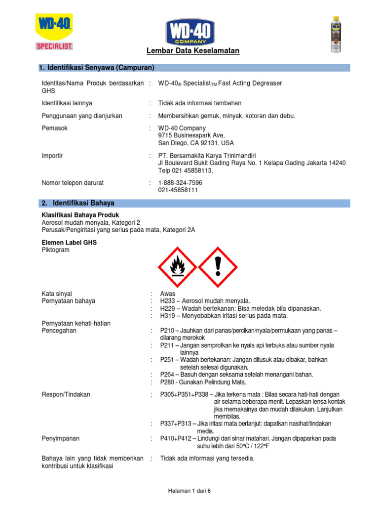 SDS WD-40 Specialist Fast Acting Degreaser-Indonesia | PDF